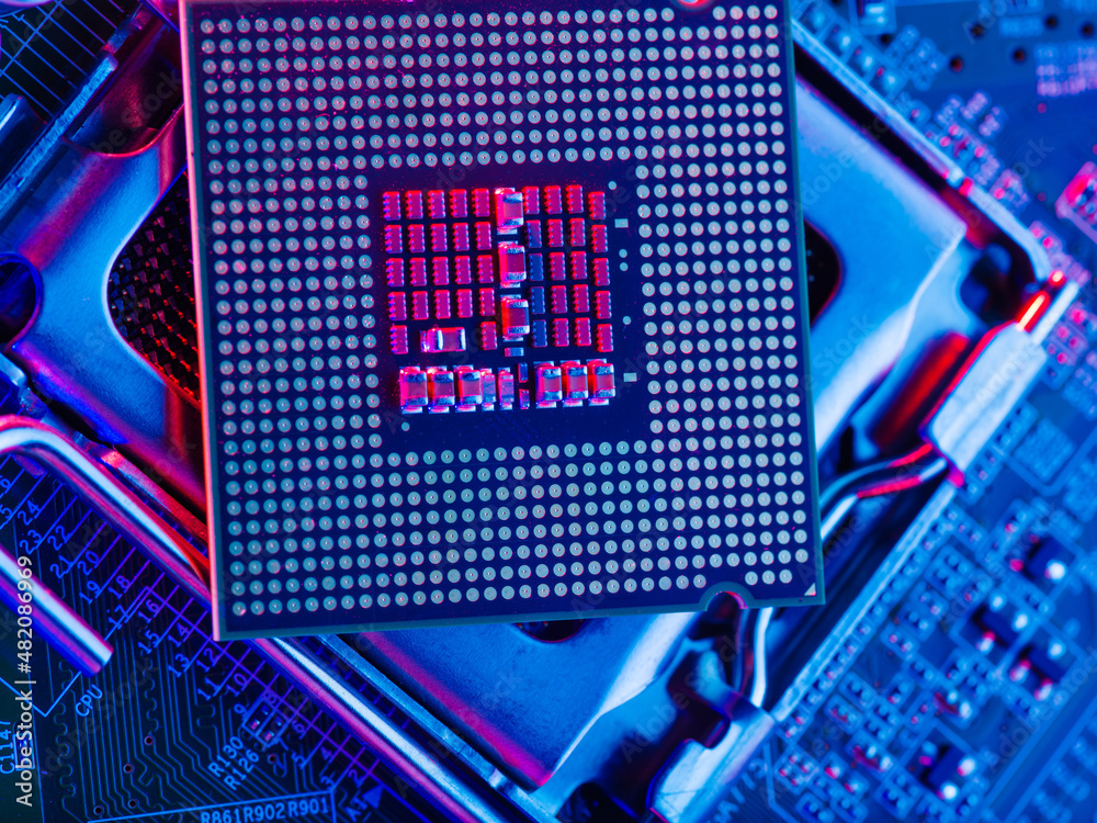 Macro photography of a computer processor, printed circuit or ...