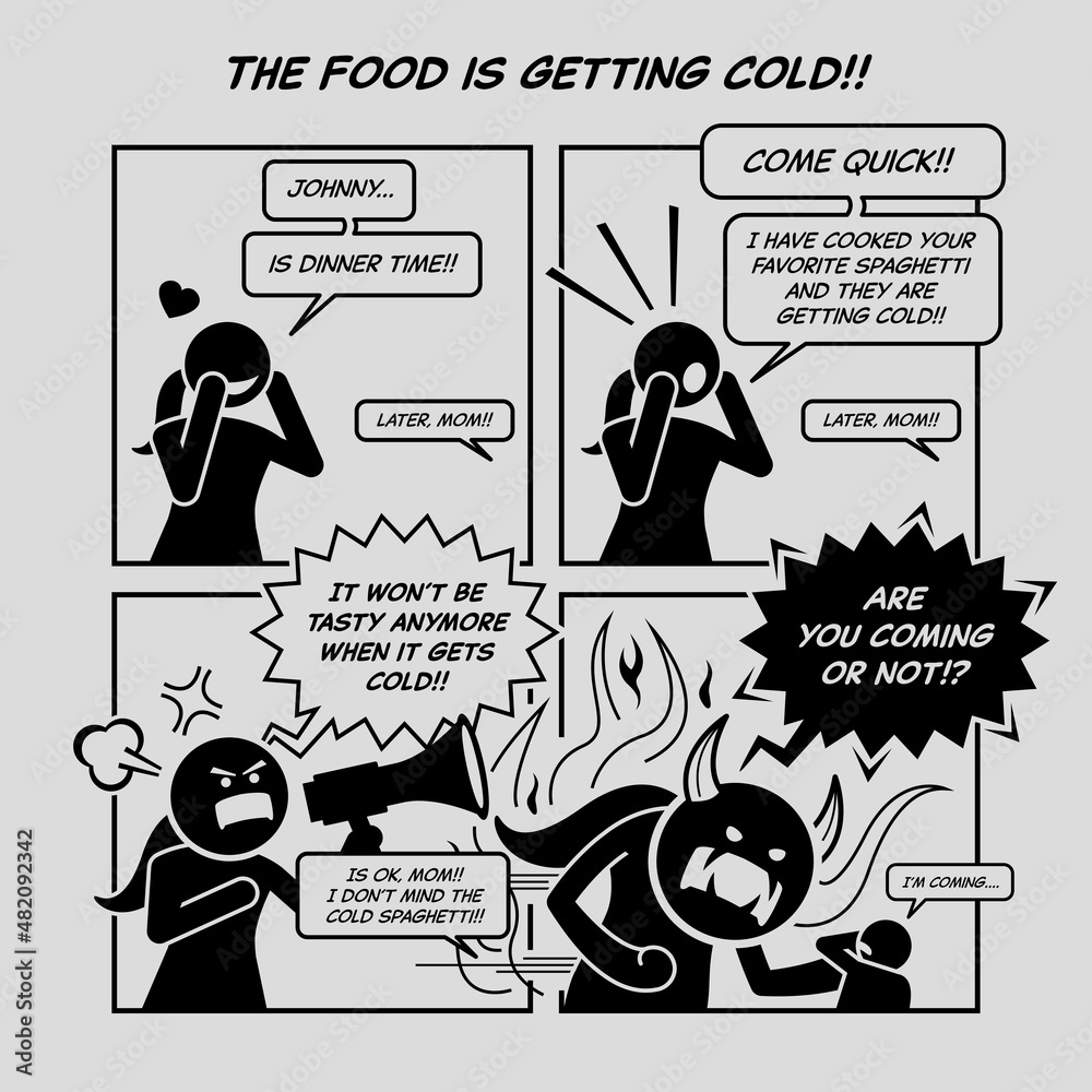 Funny comic strip. The food is getting cold. Mother calling her son to ...