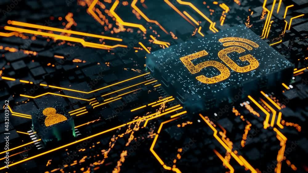 Wireless Technology Concept with 5G symbol on a Microchip. Orange Neon ...