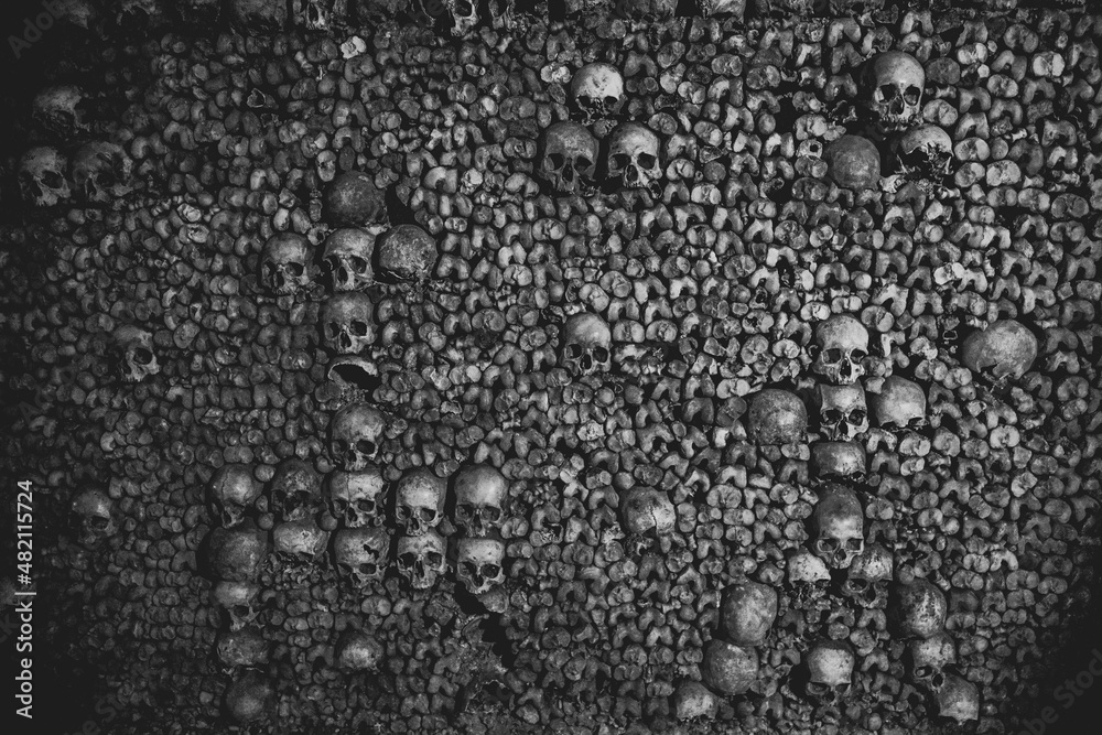 Human skulls and bones. Human remains. Morbid art. Dark tourism. Stock ...