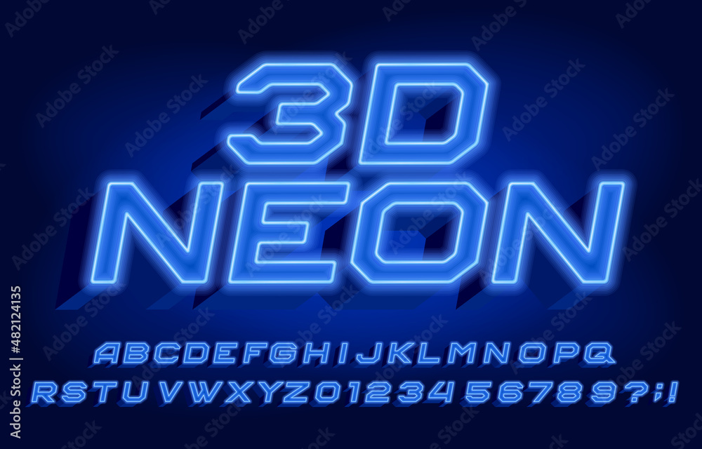 3D Neon alphabet font. Glowing neon letters and numbers. Stock vector ...