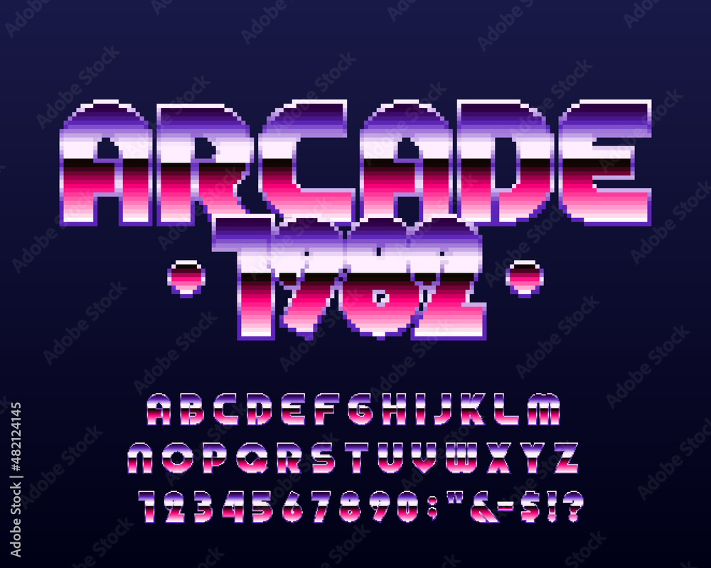 Arcade 1982 alphabet font. Digital letters and numbers. 80s arcade ...