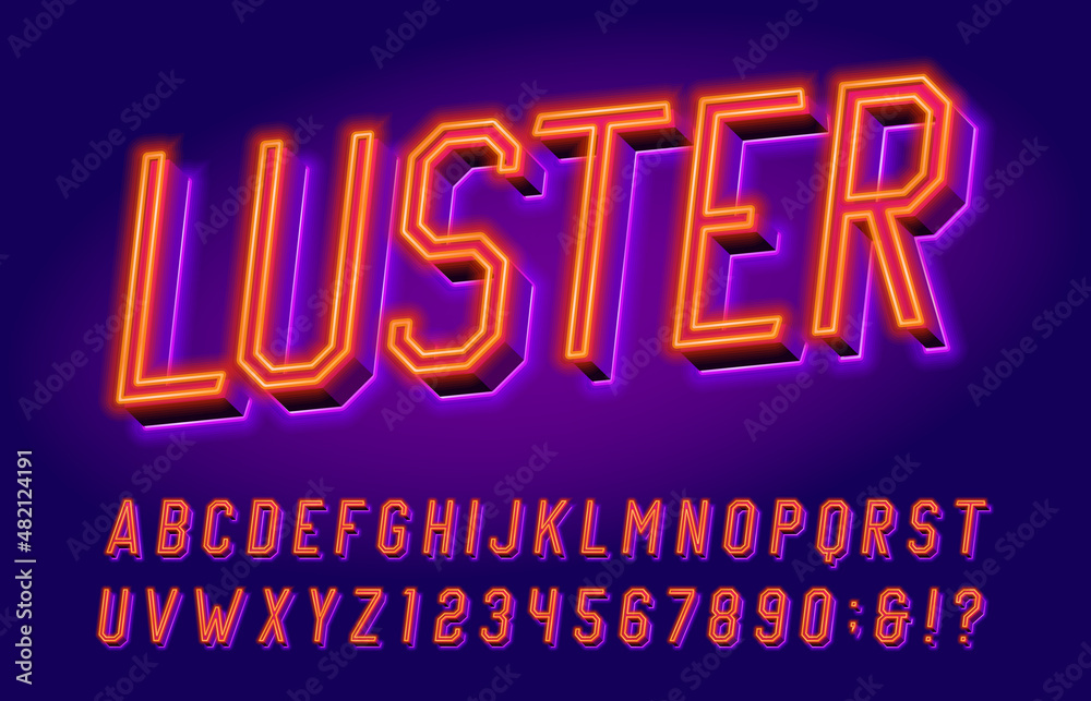 Luster alphabet font. Glowing neon 3d letters and numbers. Stock vector ...