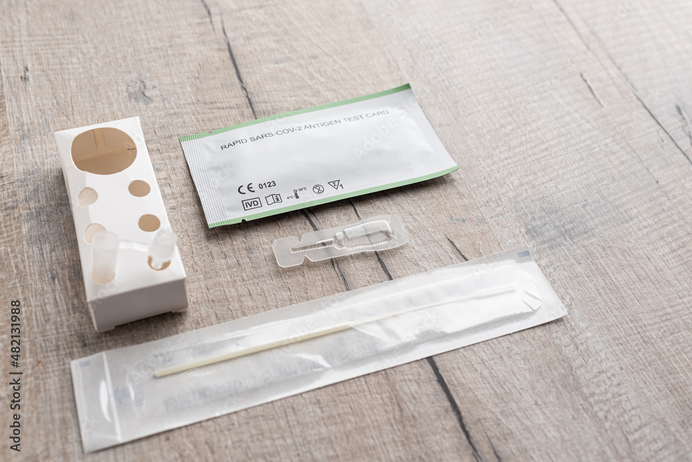 Close-up view of a Covid-19 rapid antigen home test kit. Pandemic ...