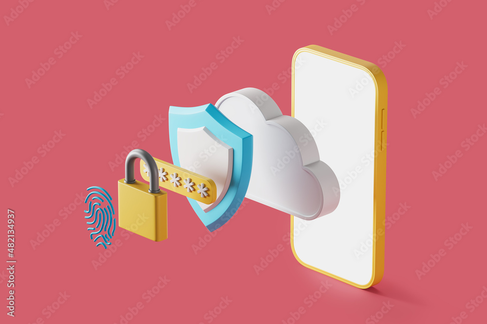 Mock up screen of smart phone, fingerprint, yellow padlock ...