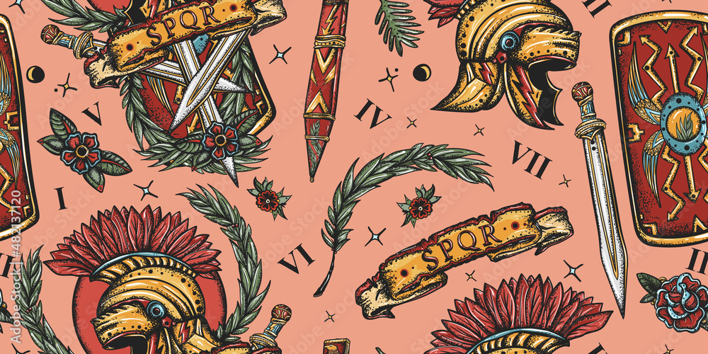 Ancient Rome. History of Italy. Roman spartan helmet, sword and shield ...