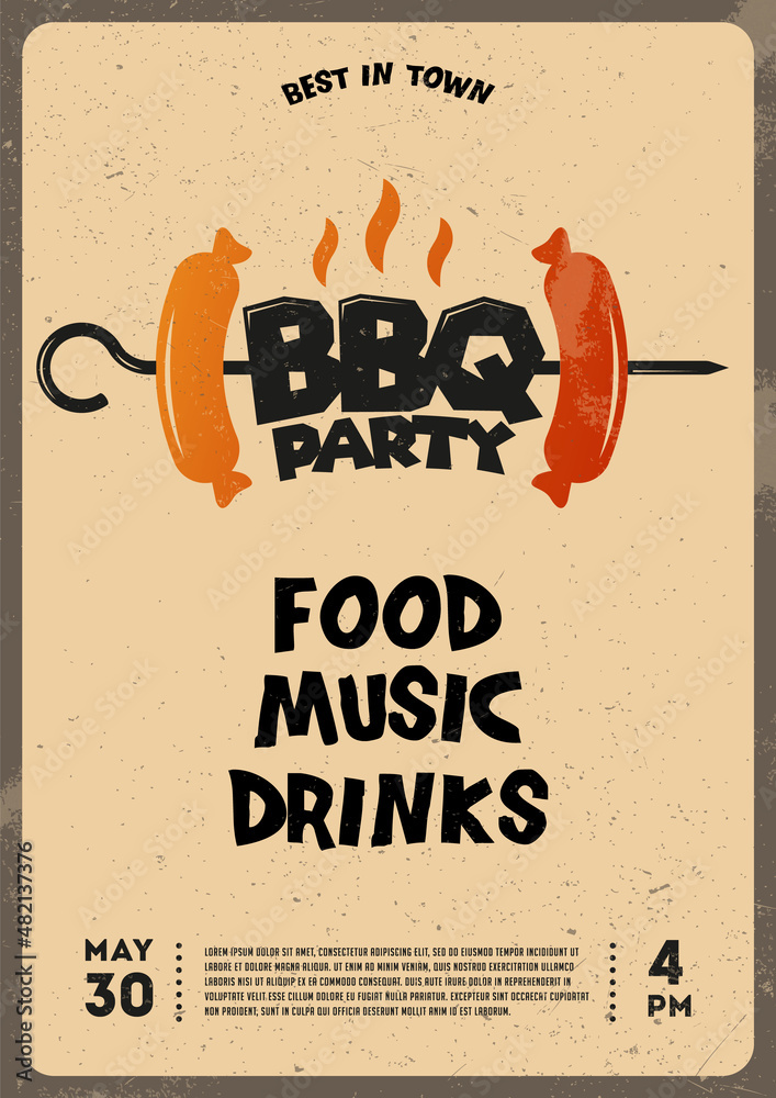 Barbecue party flyer or poster design template. BBQ event, retro ...
