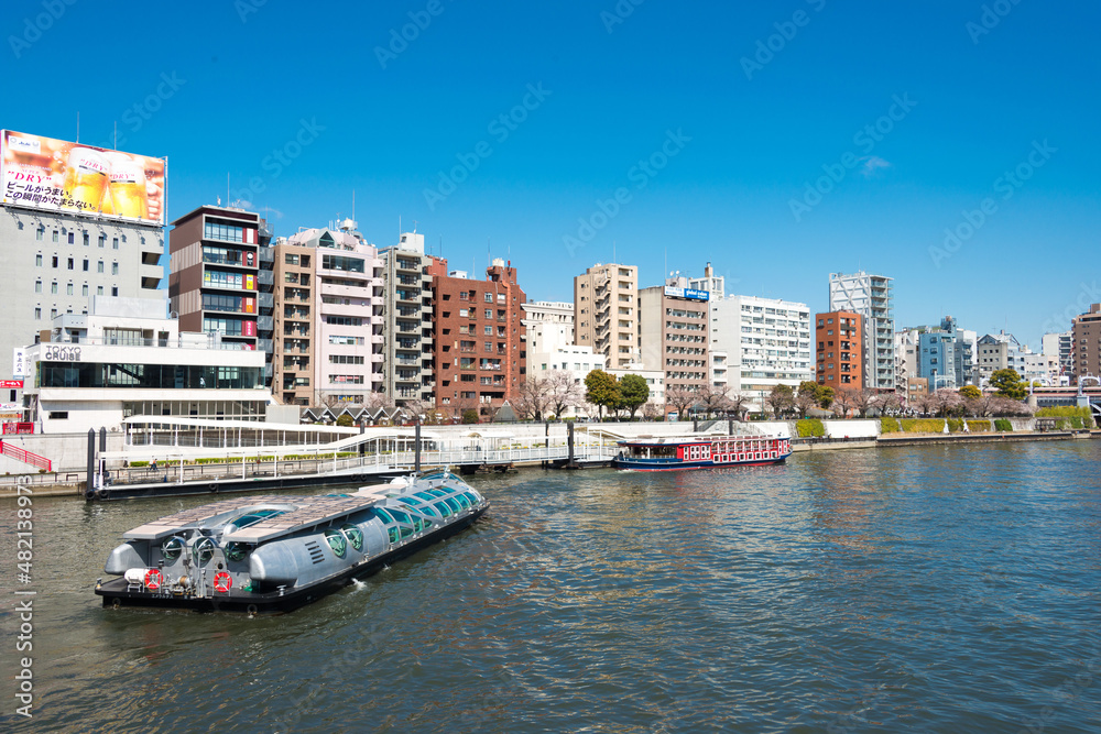 Tokyo, Japan - Mar 24 2021 - Water bus at Sumida River (Sumidagawa ...