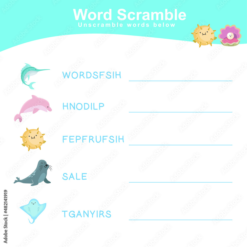 Spelling Word Scramble Game Sea Animals Edition. Worksheet for learning ...