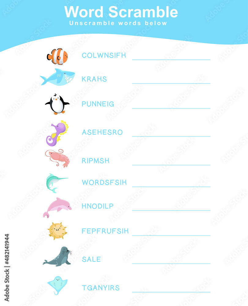 Spelling Word Scramble Game Sea Animals Edition. Worksheet for learning ...