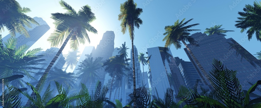 Skyscrapers and palm trees, high-rise buildings in the jungle ...