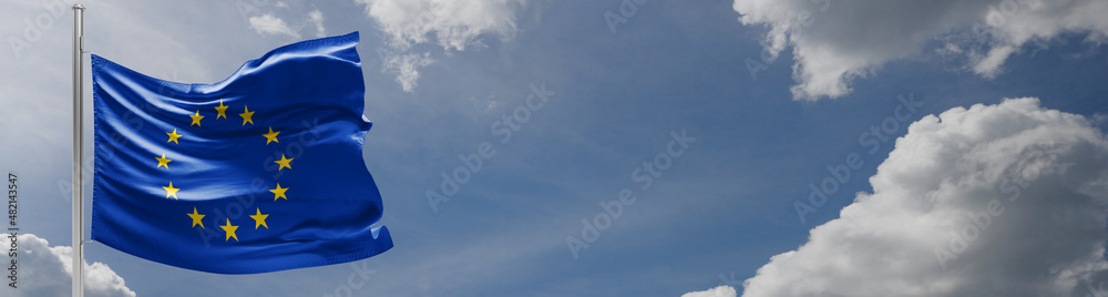 EU flag background with fabric texture. Flag waving in the wind Stock ...
