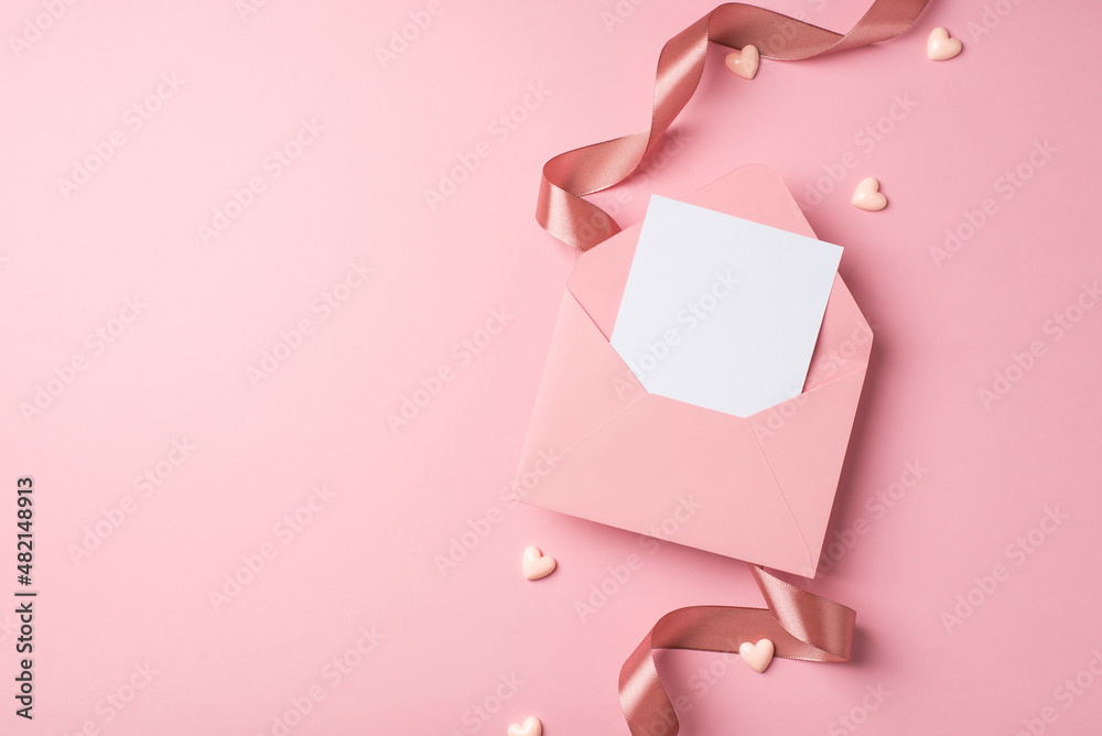 Top view photo of saint valentine's day decorations curly silk ribbon ...