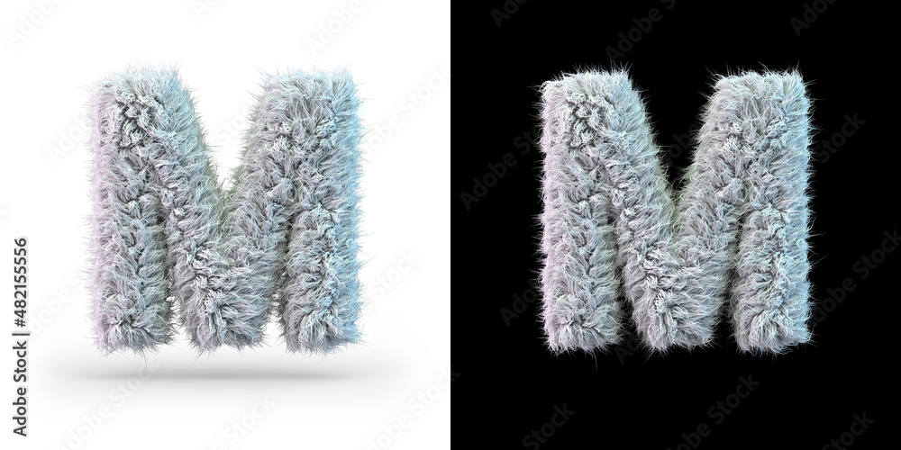 Capital letter M. Uppercase. White fluffy font on black and white ...