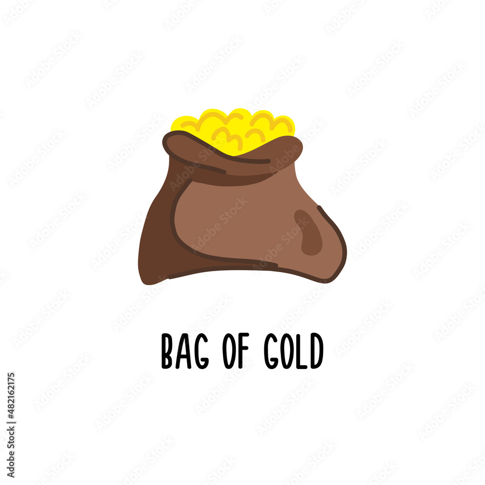 Cartoon image of a bag of gold coins in a simple flat style on a white ...