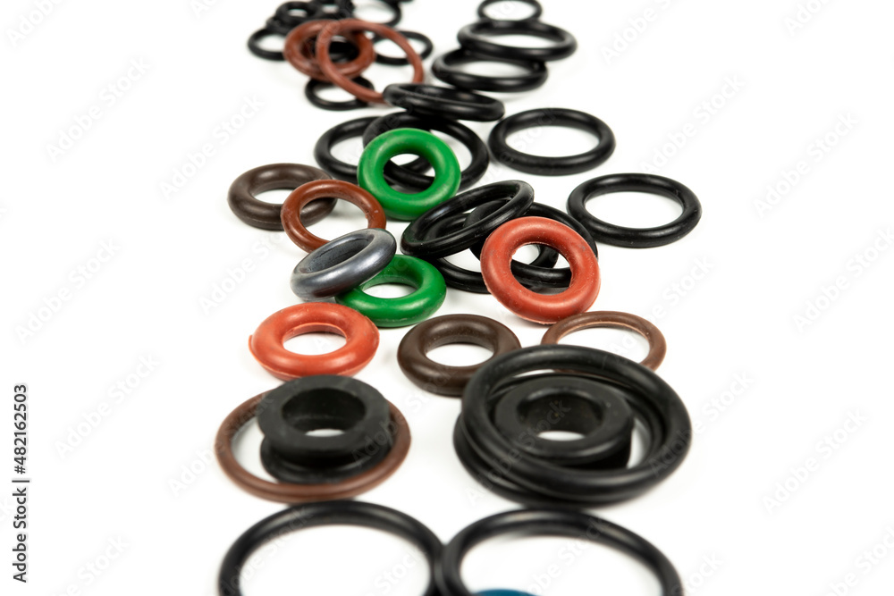 hydraulic and pneumatic sealing rings in different sizes and colors, on ...