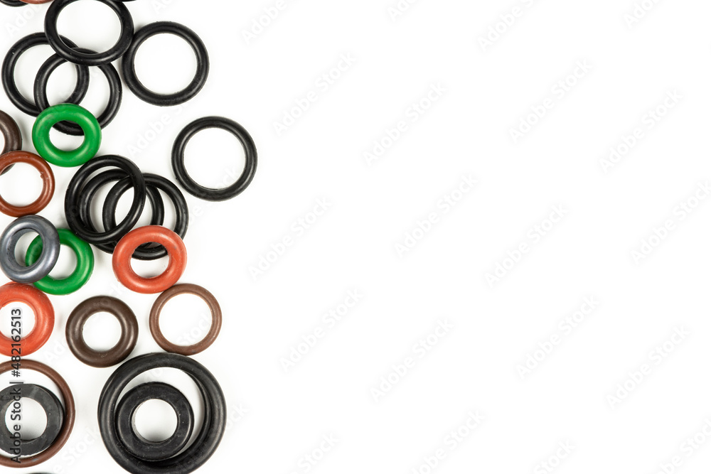 hydraulic and pneumatic sealing rings in different sizes and colors, on ...