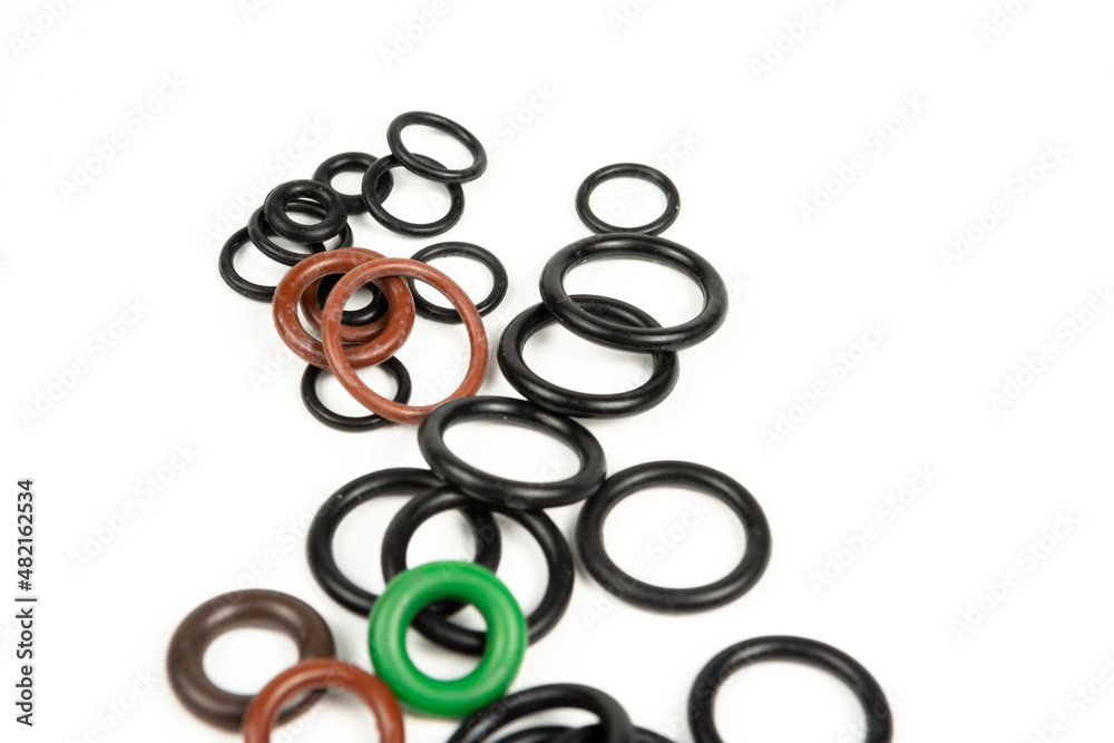 hydraulic and pneumatic sealing rings in different sizes and colors, on ...