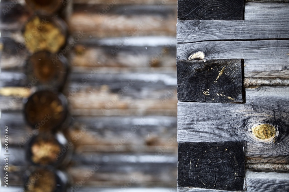 weathered surface of the old wooden log house wall close-up. log walls ...