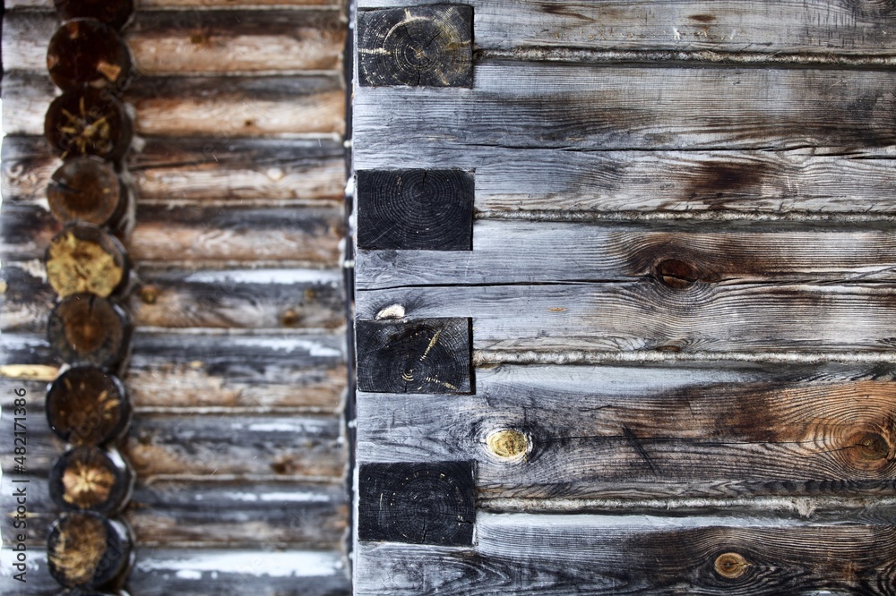 weathered surface of the old wooden log house wall close-up. log walls ...