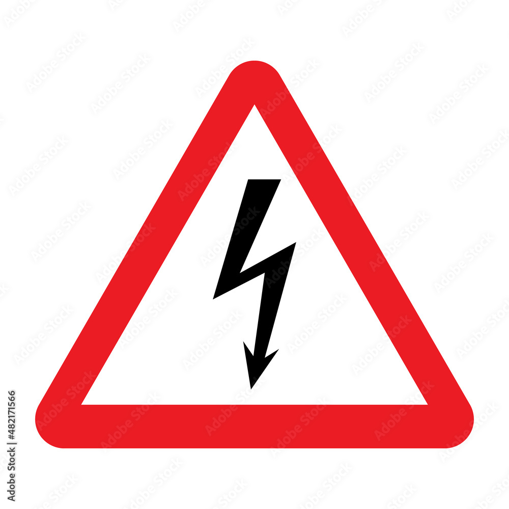 Electricity warning sign. Vector illustration of red triangle sign with ...