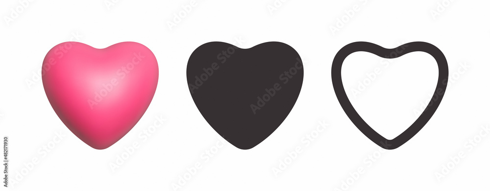 Vector Modern Heart Icon 3D Flat Outline Style Set Isolated On White ...
