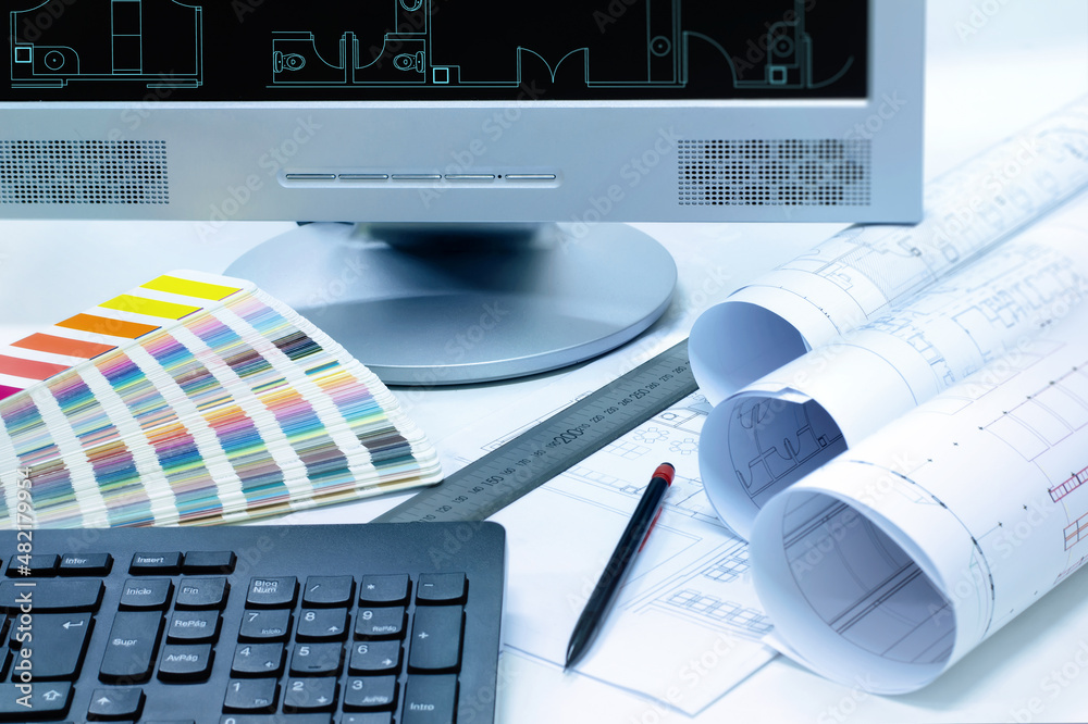Foto de Work tools and Blueprint of technical drawing at the table of ...