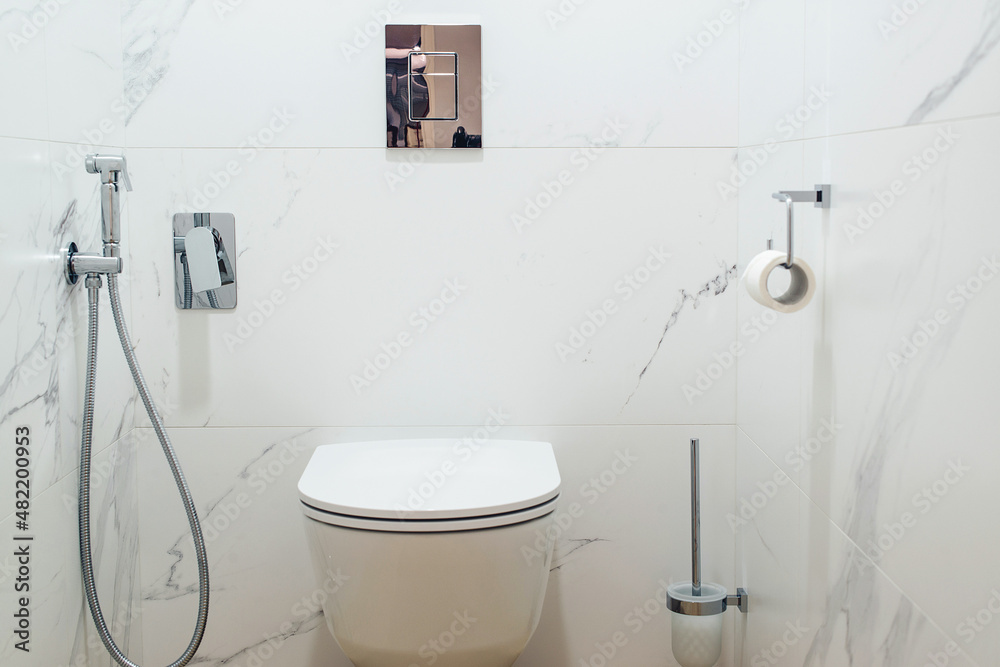 Toilet bowl in modern bathroom interior. Modern toilet interior, front ...