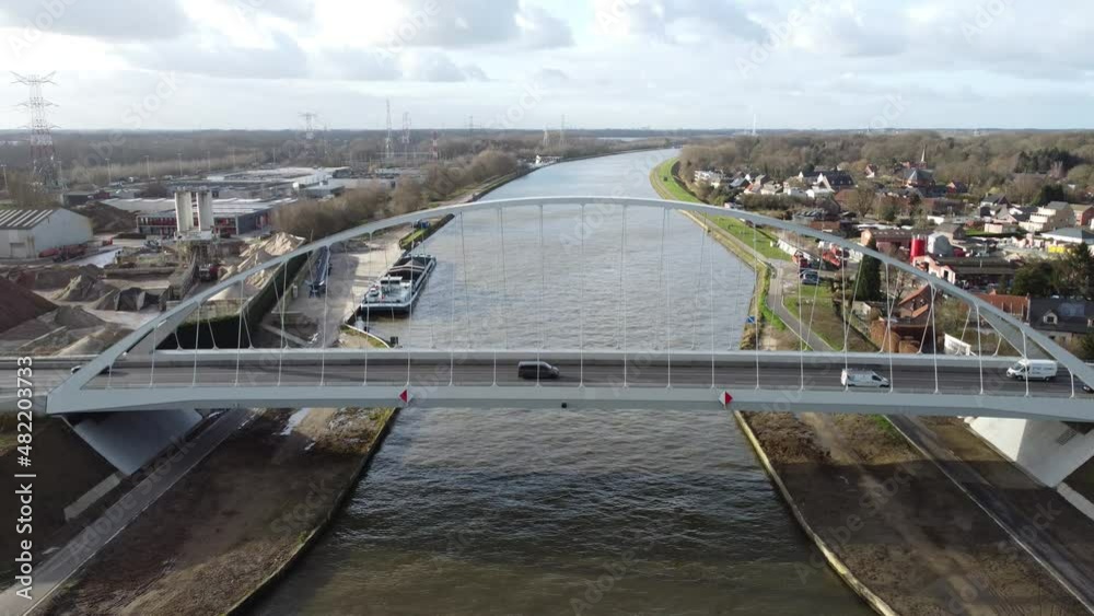 Drone aerial static shot of metal bridge over canal Albertkanaal in ...