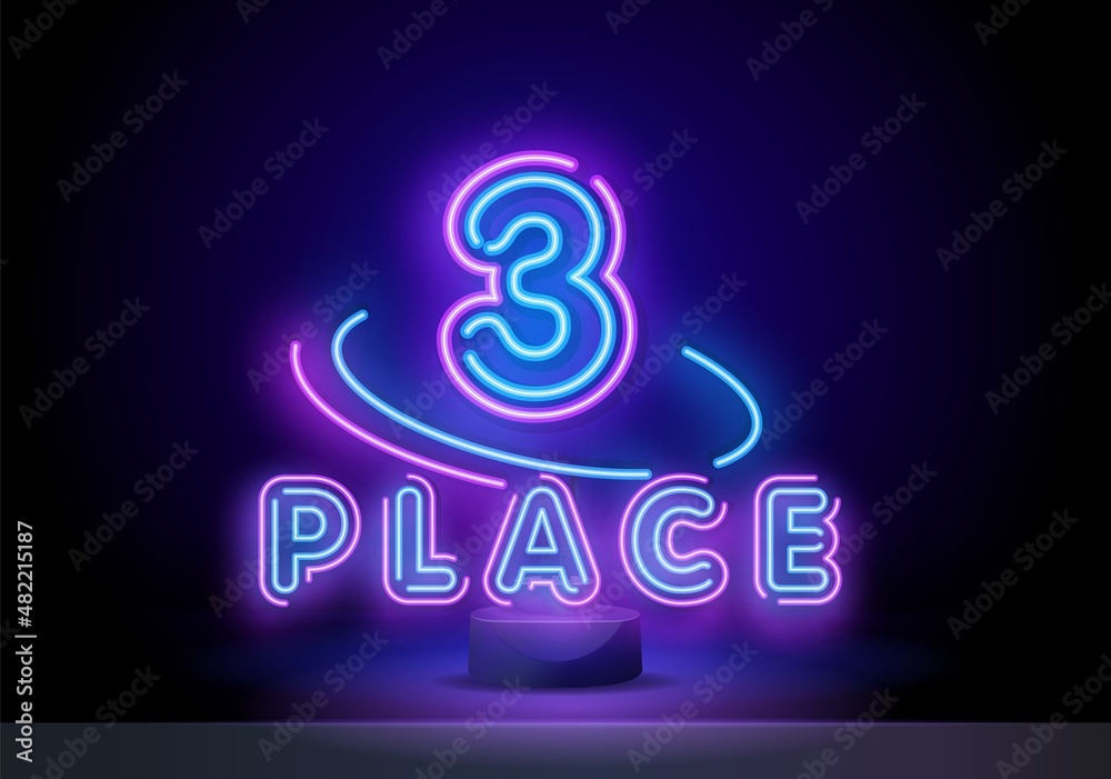 Third place in a neon round frame. sign number 3, signboard three ...