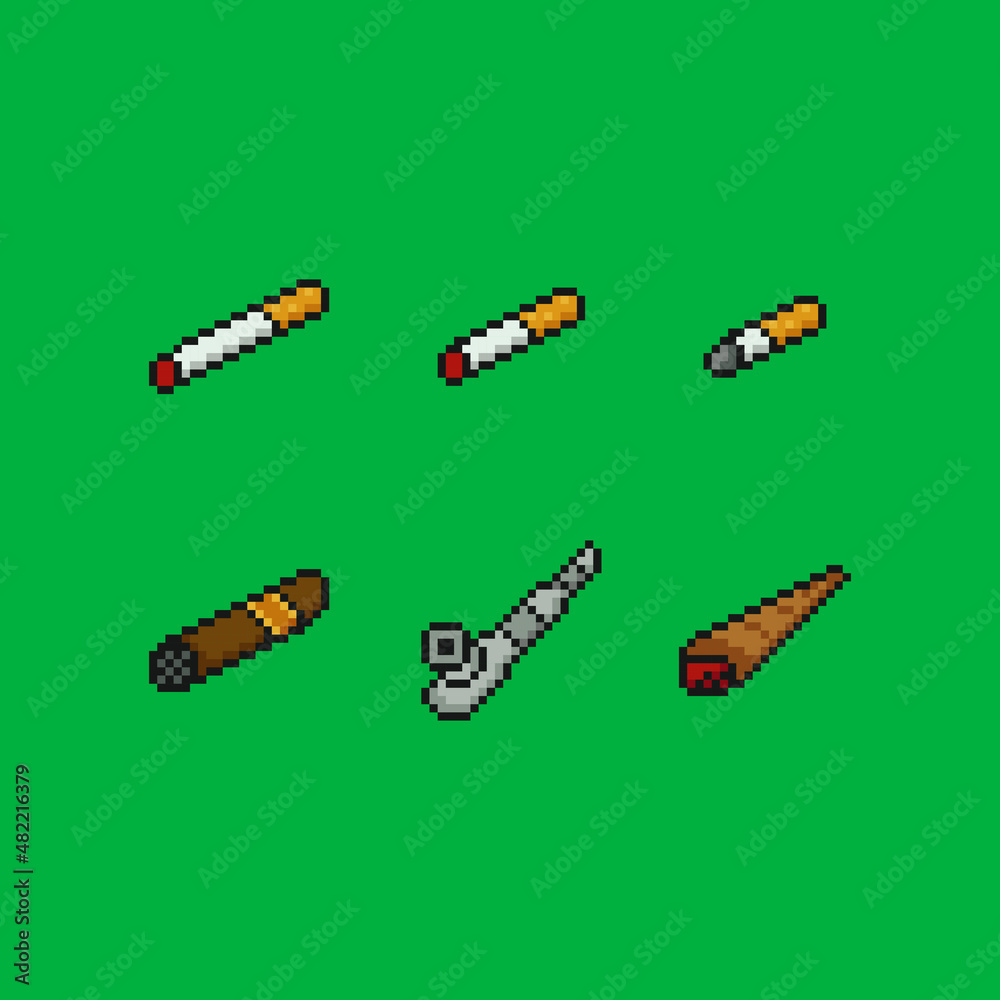 8 bit pixel art vector illustration set. cigarette, cigar, joint, pipe ...