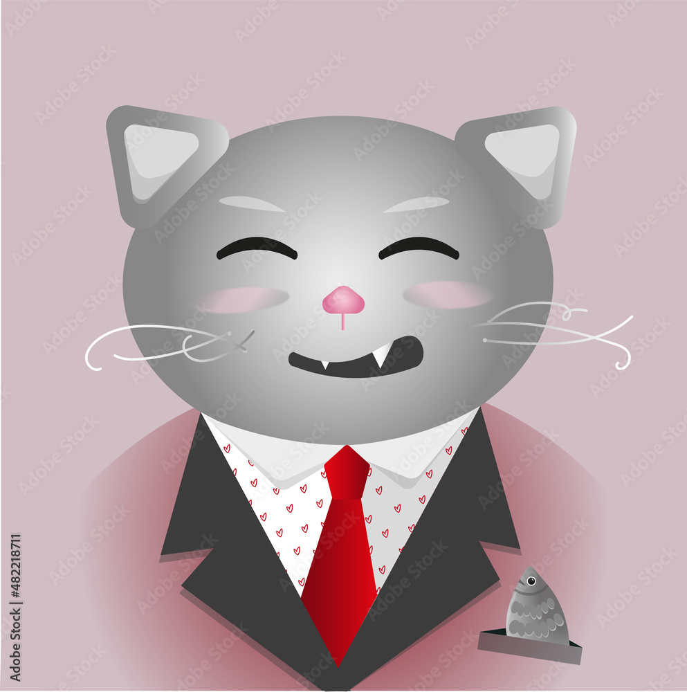 gray embarrassed cat with a smile on a pink background in a suit with a ...
