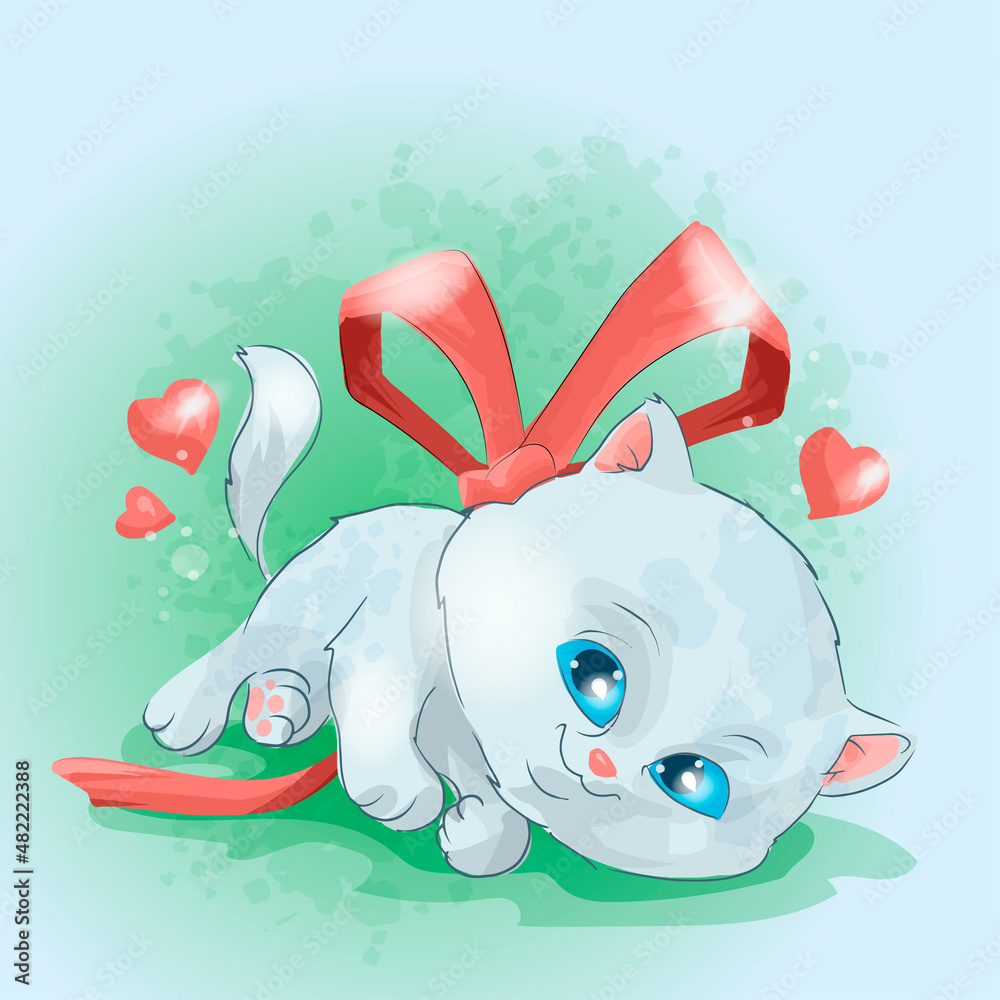 Little cute white kitten with red ribbon. Cute cat. Can be used for ...