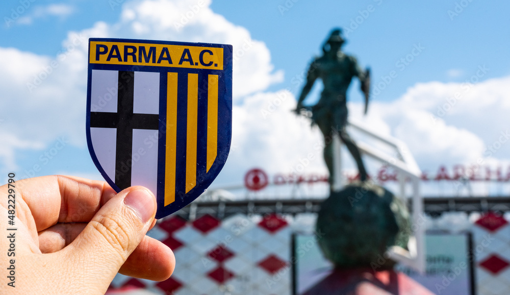 June 14, 2021, Parma. The emblem of the Parma Calcio football club ...