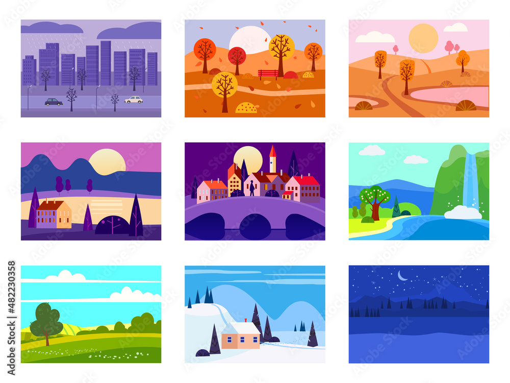Set of seasons landscapes winter, spring, summer, autumn. Rural ...