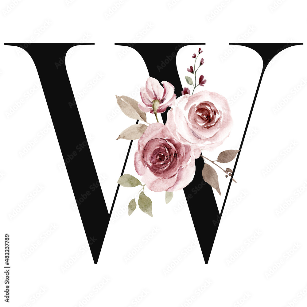 Monogram, letter w with watercolor flowers and leaf. Alphabet perfectly ...