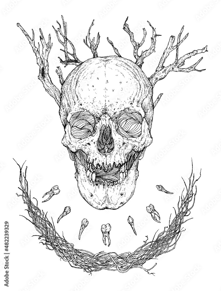 Hand-drawn surrealistic human skull with bones, branches and teeth ...