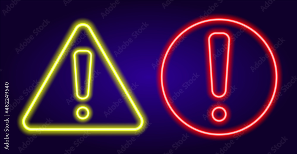 neon exclamation mark in triangle and circle. A set of attention signs ...