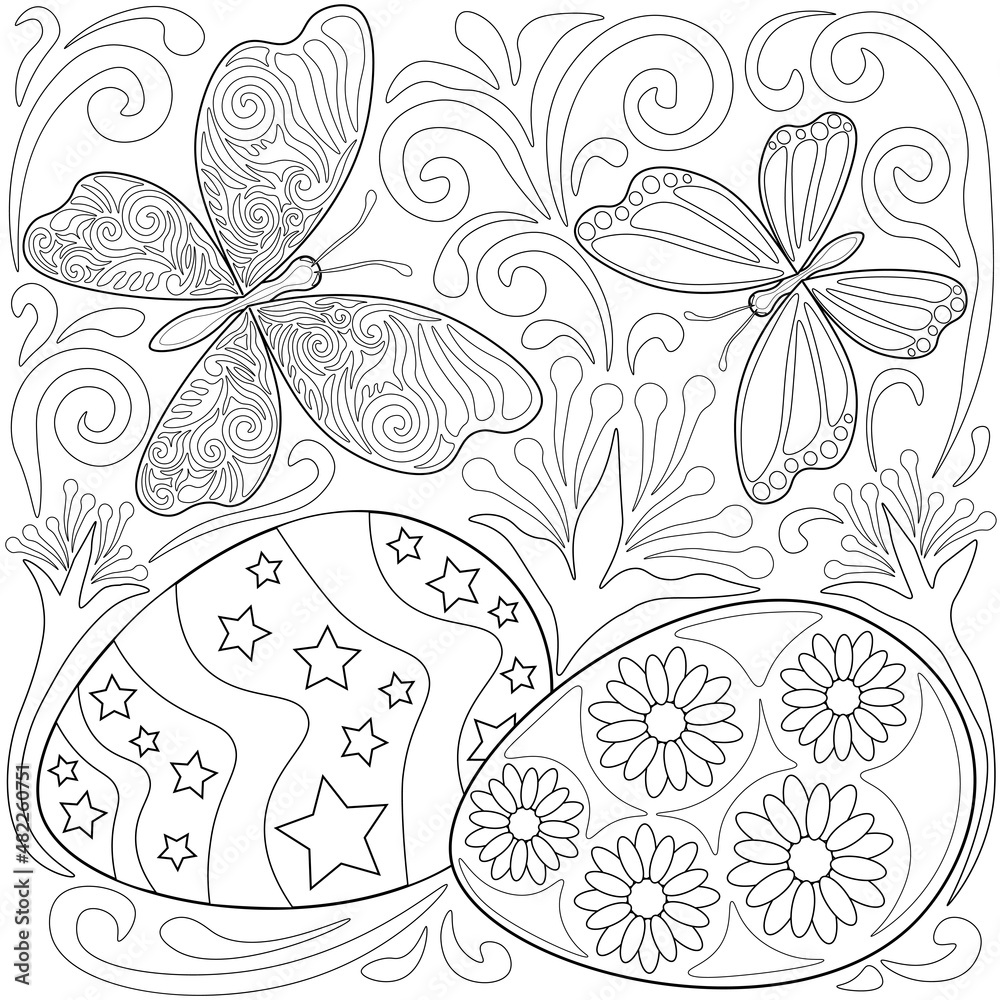 Butterflies, Easter eggs, swirl pattern, flowers, white background ...