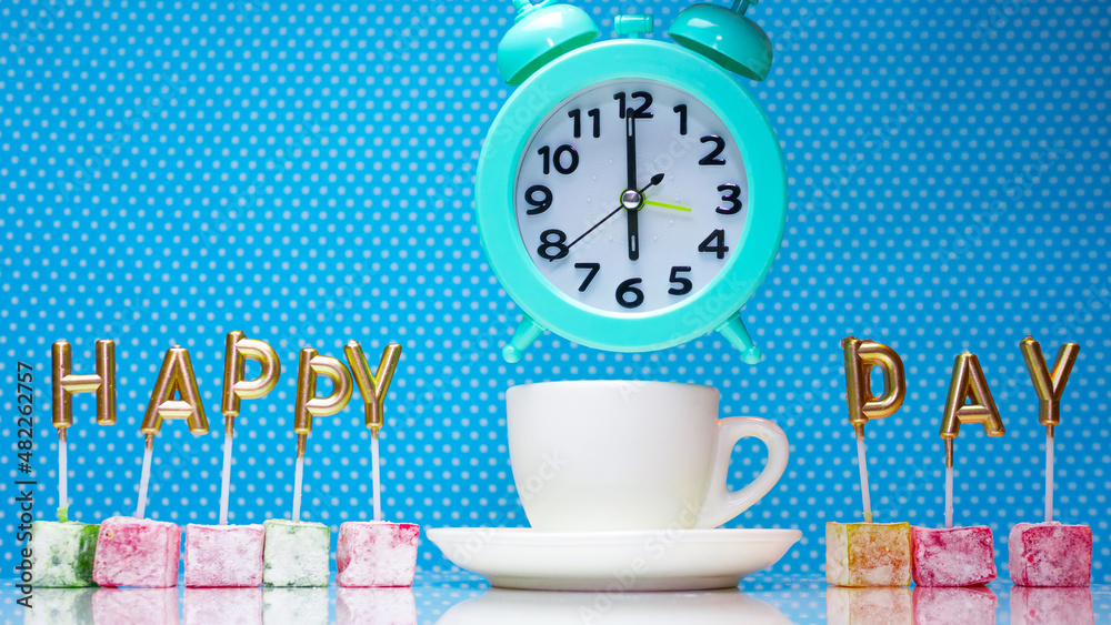 Word happy day with retro clock on 6 am arrow on blue background,word ...