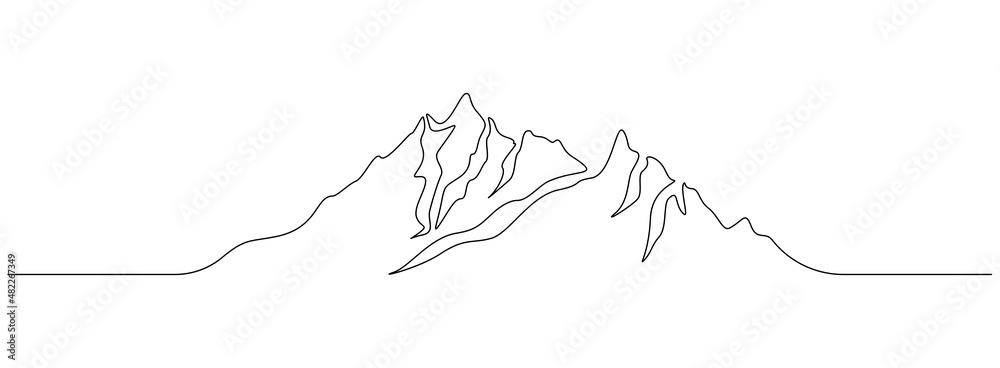 One continuous line drawing of mountain ridge landscape. Web banner ...