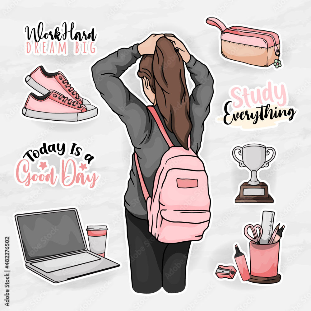 school element sticker set with student girl clip art elements Stock ...