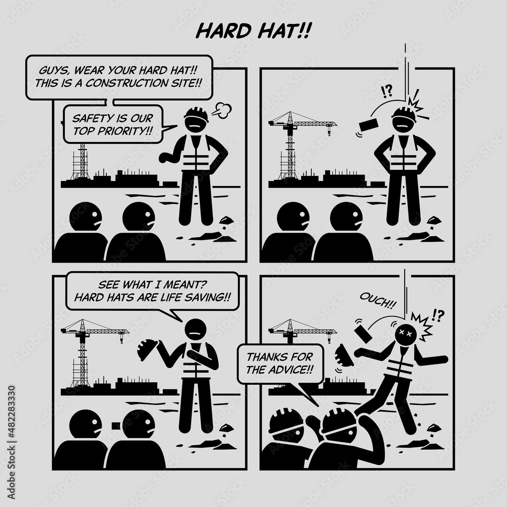 Funny comic strip. Hart hat. Construction site supervisor telling his ...