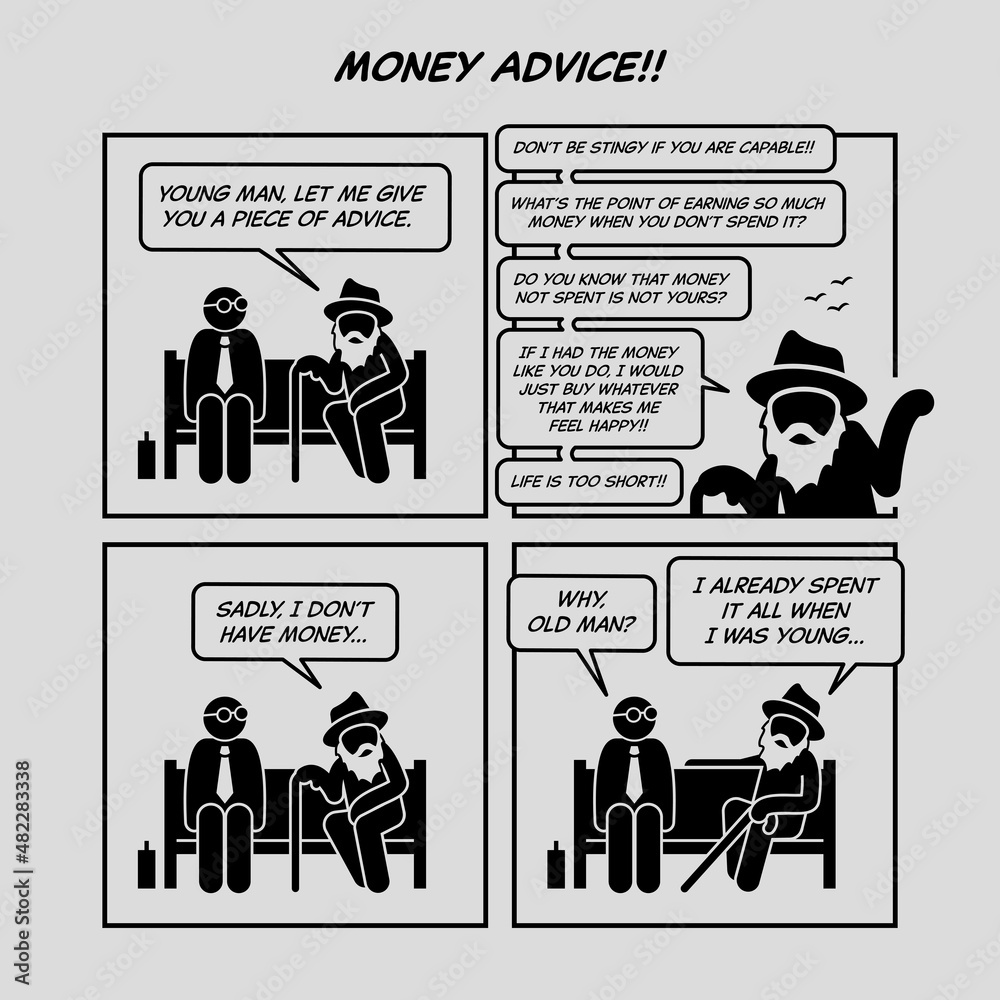 Funny comic strip. Money advice. Old man giving financial advice to ...