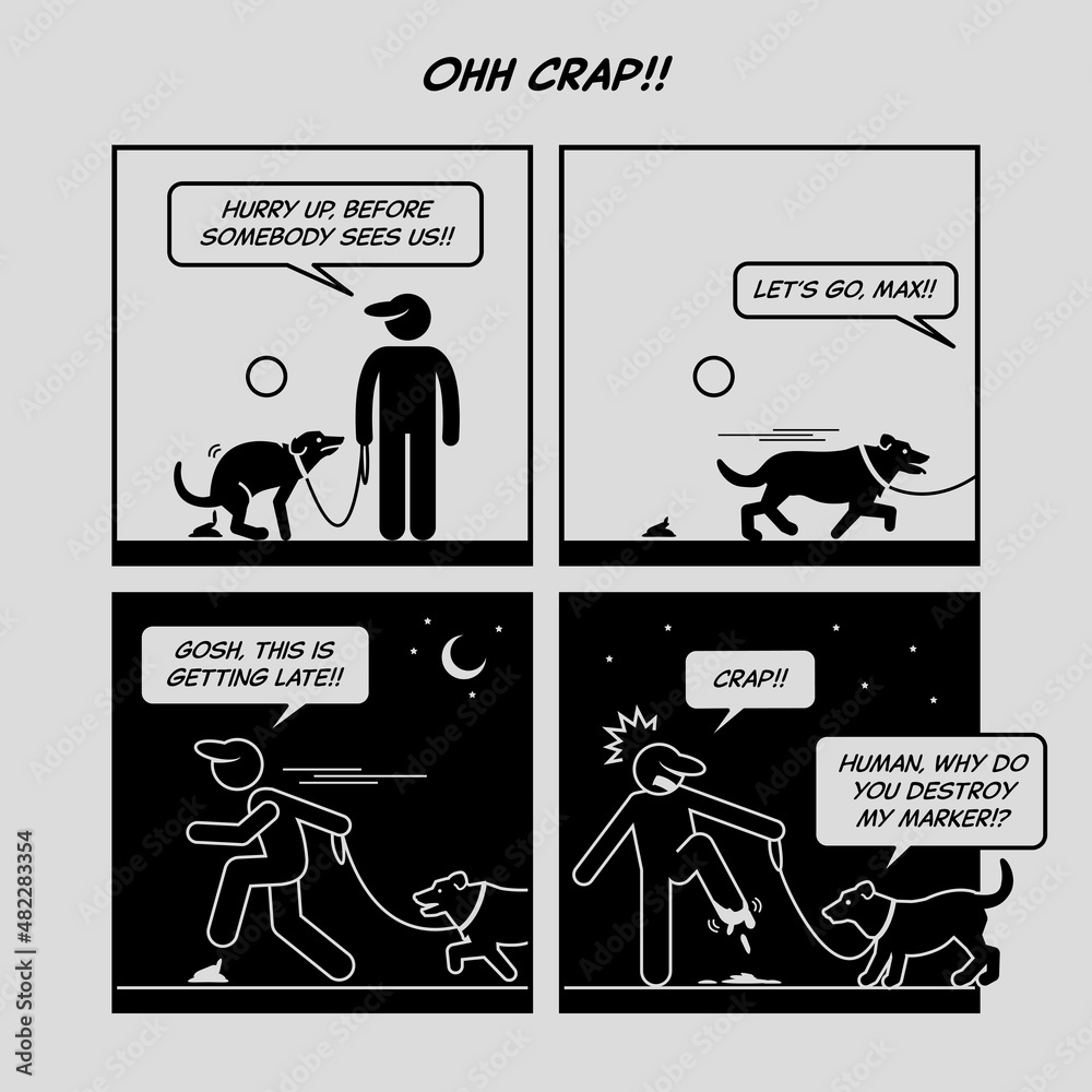 Vetor de Funny comic strip. Ohh crap. Man walking his dog and poop on ...