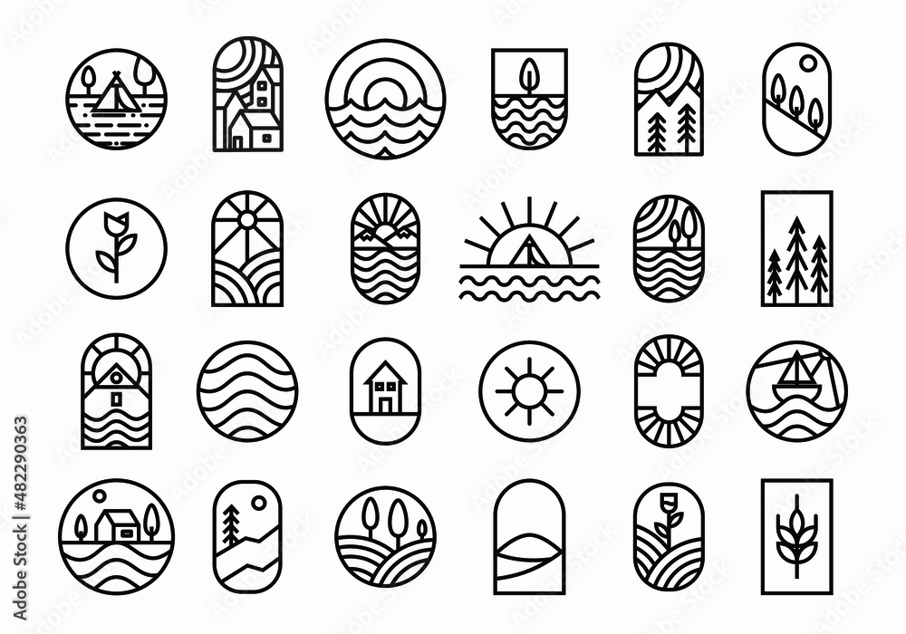 set of monoline badge illustrations. various emblems in black ...