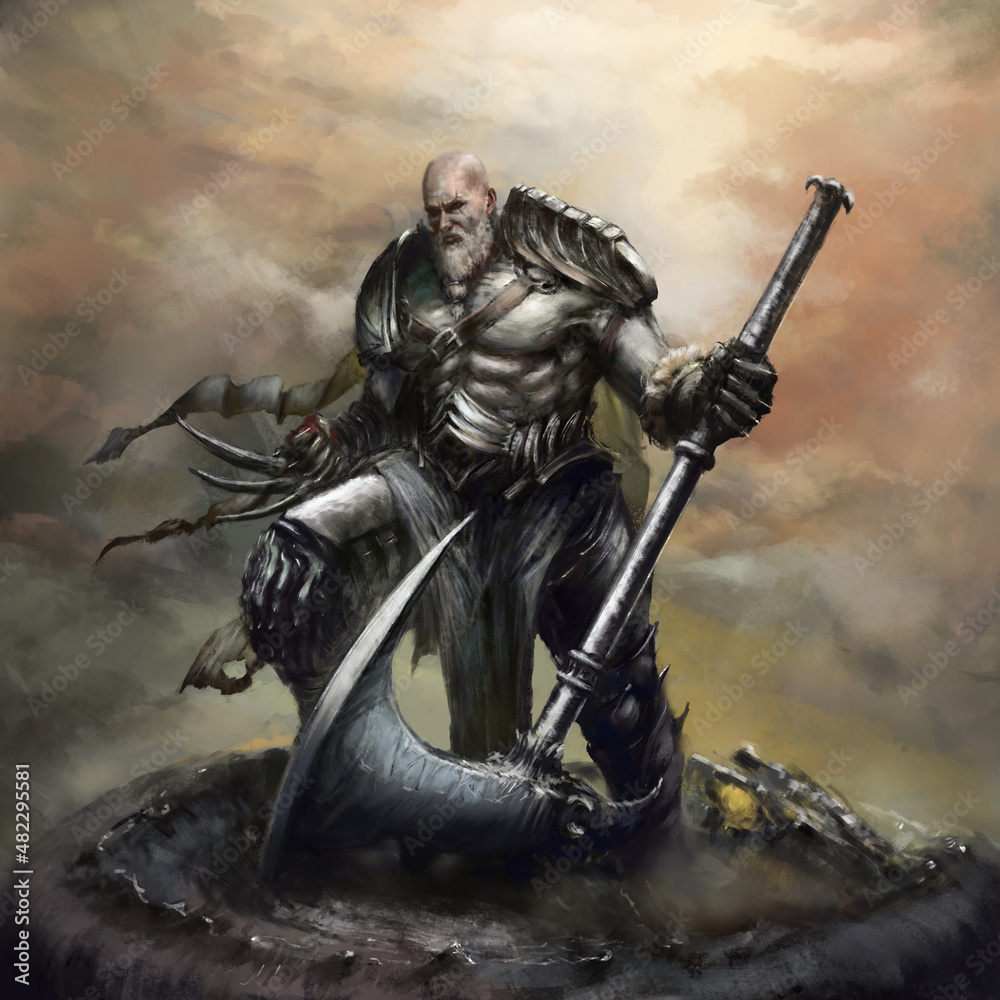 A stern warrior with a huge ax in armor with a naked torso stands over ...