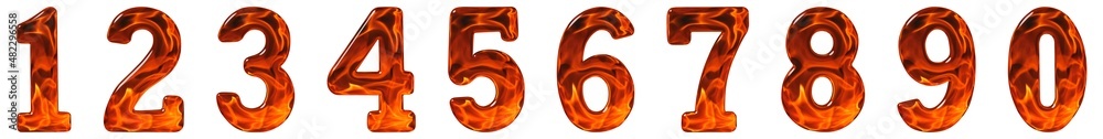 Set of arabic numbers, emitation flame texture, 3D illustration ...