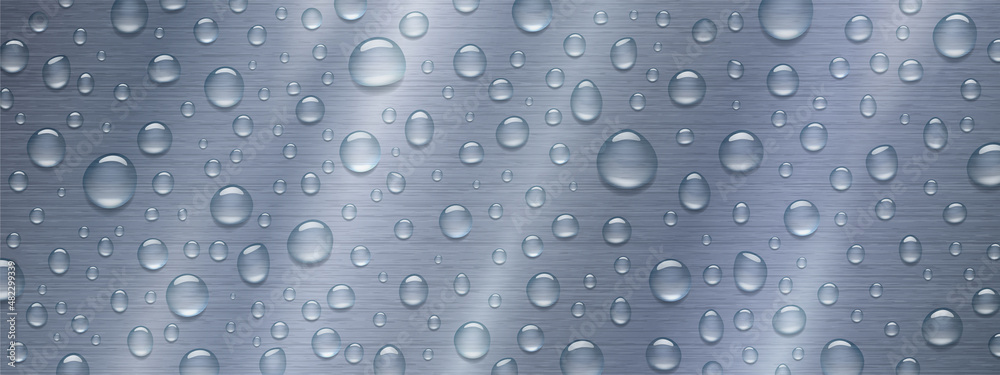 Water drops on metal background. Rain droplets with light reflection on ...