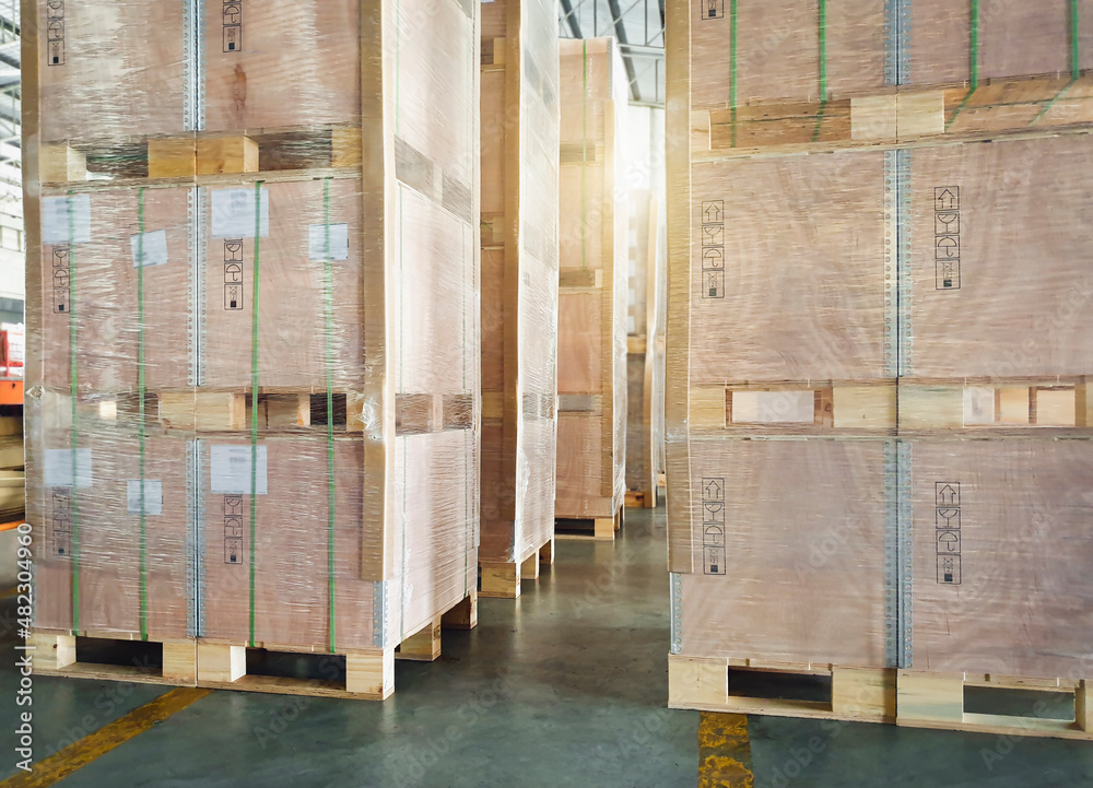 Stacked of Wooden Crates in Storage Warehouse. Supply Chain. Storehouse ...